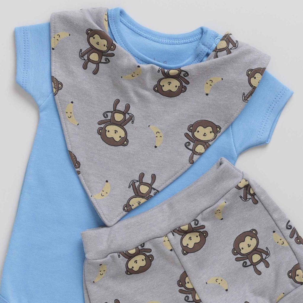 Conjunto Bebê com 3 peças, Body Shorts e Bandana Macaco Azul - Meu ...